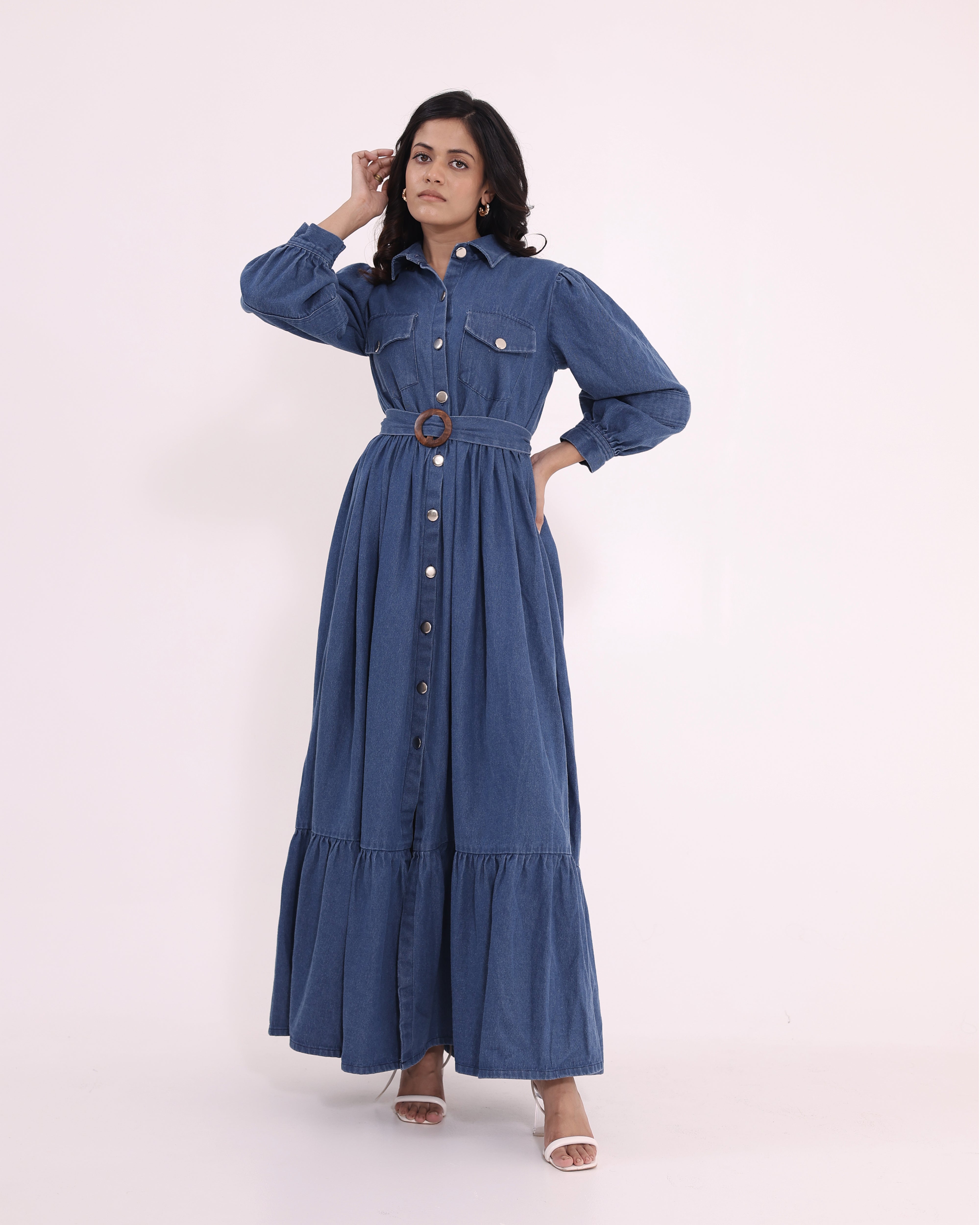 Blue Denim Maxi Dress With Belt - Shop Now | Pincode21 – Pincode 21